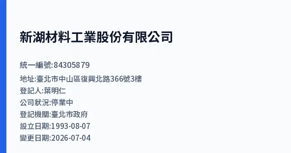 新湖材料工業股份有限公司的照片-統編 84305879(臺北市) 公司登記資料與營業項目詳細圖表