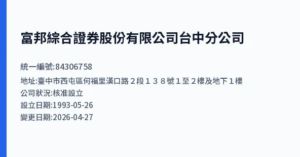 富邦綜合證券股份有限公司台中分公司的照片-統編 84306758(臺中市) 公司登記資料與營業項目詳細圖表