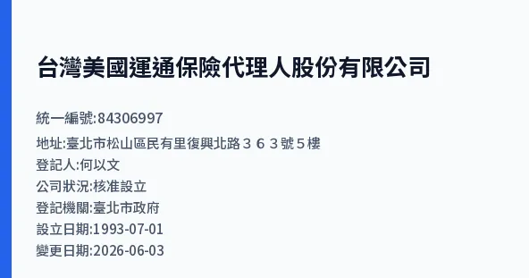 台灣美國運通保險代理人股份有限公司的照片-統編 84306997(臺北市) 公司登記資料與營業項目詳細圖表