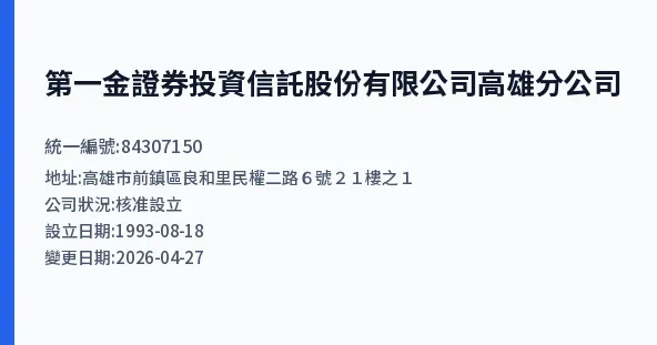 第一金證券投資信託股份有限公司高雄分公司的照片-統編 84307150(高雄市) 公司登記資料與營業項目詳細圖表