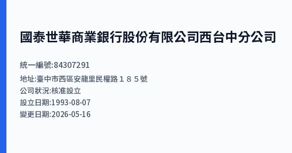 國泰世華商業銀行股份有限公司西台中分公司的照片-統編 84307291(臺中市) 公司登記資料與營業項目詳細圖表