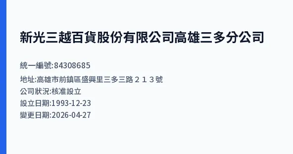 新光三越百貨股份有限公司高雄三多分公司的照片-統編 84308685(高雄市) 公司登記資料與營業項目詳細圖表