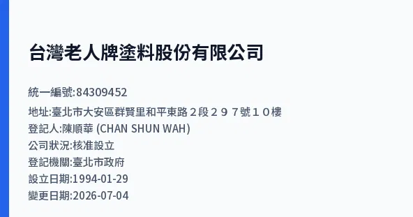 台灣老人牌塗料股份有限公司的照片-統編 84309452(臺北市) 公司登記資料與營業項目詳細圖表