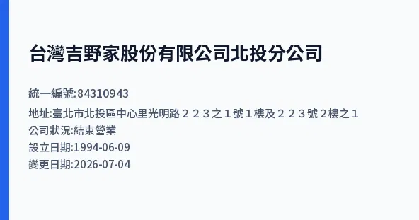 台灣吉野家股份有限公司北投分公司的照片-統編 84310943(臺北市) 公司登記資料與營業項目詳細圖表