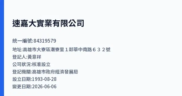 速嘉大實業有限公司的照片-統編 84319579(高雄市) 公司登記資料與營業項目詳細圖表