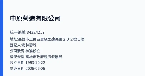 中原營造有限公司的照片-統編 84324257(高雄市) 公司登記資料與營業項目詳細圖表