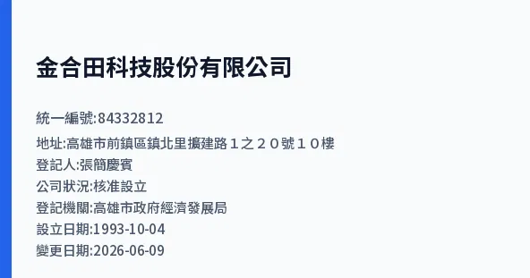 金合田科技股份有限公司的照片-統編 84332812(高雄市) 公司登記資料與營業項目詳細圖表