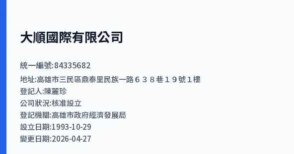 大順國際有限公司的照片-統編 84335682(高雄市) 公司登記資料與營業項目詳細圖表