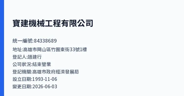 寶建機械工程有限公司的照片-統編 84338689(高雄市) 公司登記資料與營業項目詳細圖表