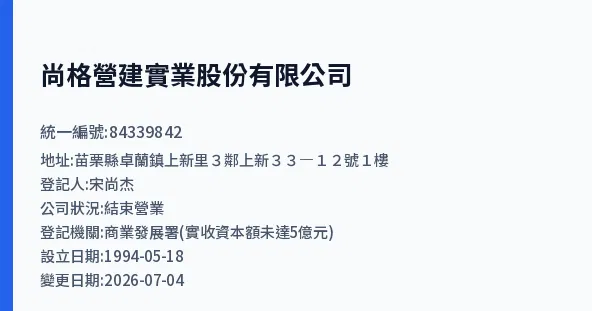 尚格營建實業股份有限公司的照片-統編 84339842(苗栗縣) 公司登記資料與營業項目詳細圖表