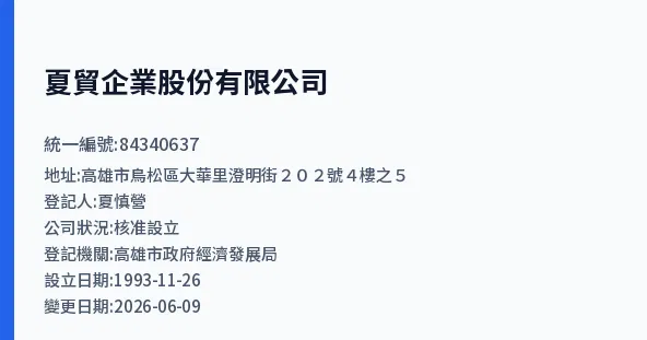 夏貿企業股份有限公司的照片-統編 84340637(高雄市) 公司登記資料與營業項目詳細圖表