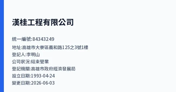 漢桂工程有限公司的照片-統編 84343249(高雄市) 公司登記資料與營業項目詳細圖表