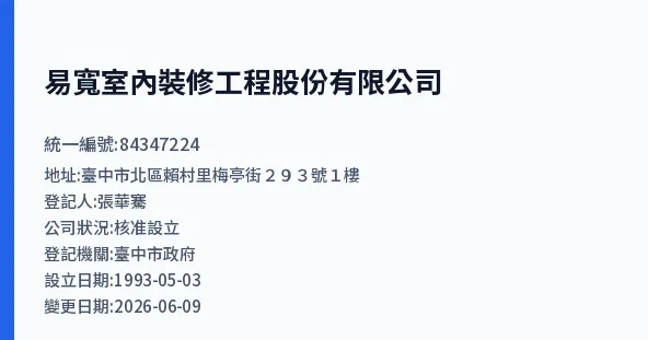 易寬室內裝修工程股份有限公司的照片-統編 84347224(臺中市) 公司登記資料與營業項目詳細圖表