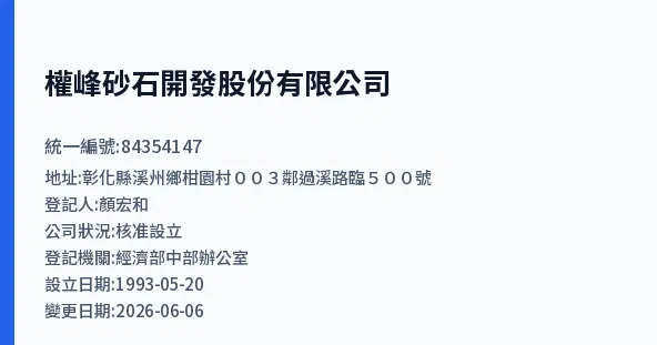 權峰砂石開發股份有限公司的照片-統編 84354147(彰化縣) 公司登記資料與營業項目詳細圖表