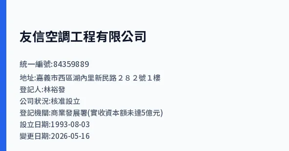友信空調工程有限公司的照片-統編 84359889(嘉義市) 公司登記資料與營業項目詳細圖表