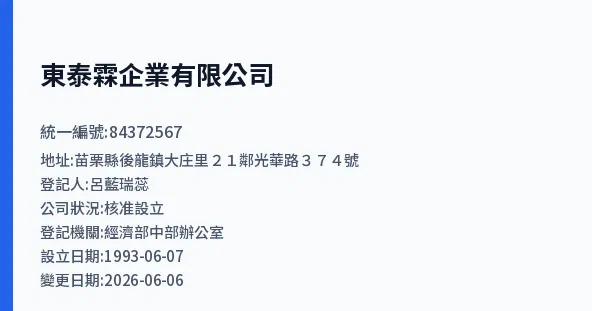 東泰霖企業有限公司的照片-統編 84372567(苗栗縣) 公司登記資料與營業項目詳細圖表
