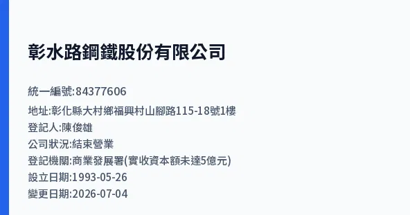 彰水路鋼鐵股份有限公司的照片-統編 84377606(彰化縣) 公司登記資料與營業項目詳細圖表