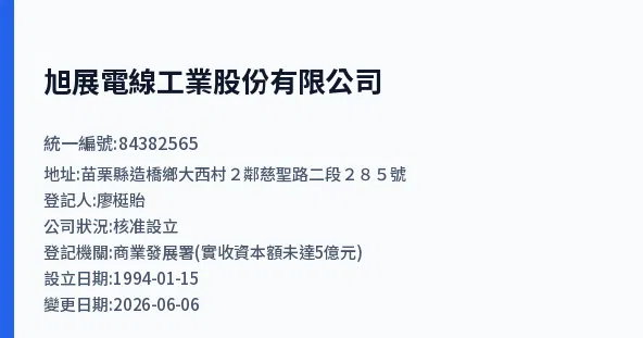 旭展電線工業股份有限公司的照片-統編 84382565(苗栗縣) 公司登記資料與營業項目詳細圖表