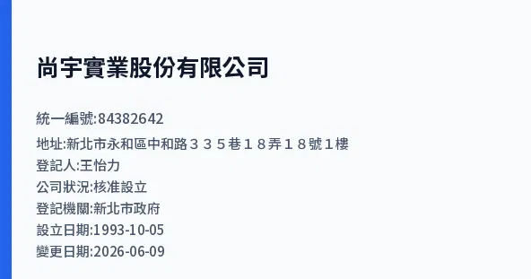 尚宇實業股份有限公司的照片-統編 84382642(新北市) 公司登記資料與營業項目詳細圖表