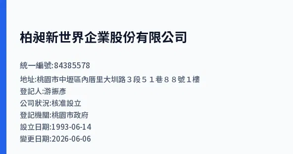 柏昶新世界企業股份有限公司的照片-統編 84385578(桃園市) 公司登記資料與營業項目詳細圖表