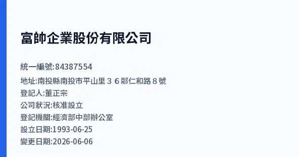 富帥企業股份有限公司的照片-統編 84387554(南投縣) 公司登記資料與營業項目詳細圖表