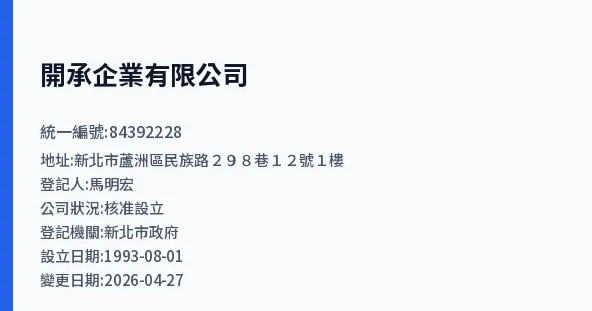 開承企業有限公司的照片-統編 84392228(新北市) 公司登記資料與營業項目詳細圖表