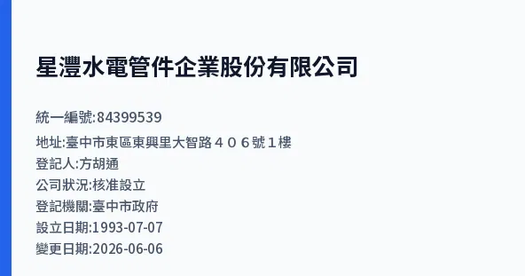 星灃水電管件企業股份有限公司的照片-統編 84399539(臺中市) 公司登記資料與營業項目詳細圖表