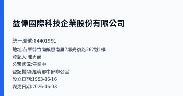 益偉國際科技企業股份有限公司的照片-統編 84401991(苗栗縣) 公司登記資料與營業項目詳細圖表
