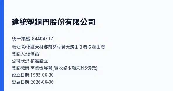 建統塑鋼門股份有限公司的照片-統編 84404717(彰化縣) 公司登記資料與營業項目詳細圖表