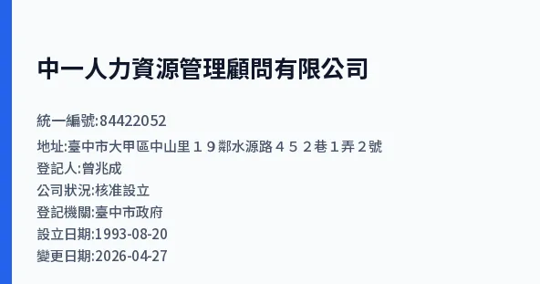 中一人力資源管理顧問有限公司的照片-統編 84422052(臺中市) 公司登記資料與營業項目詳細圖表