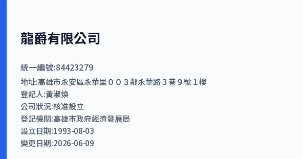 龍爵有限公司的照片-統編 84423279(高雄市) 公司登記資料與營業項目詳細圖表