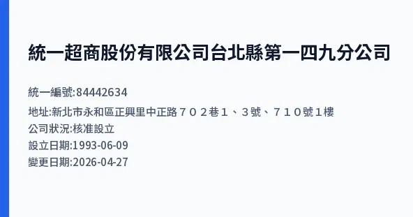 統一超商股份有限公司台北縣第一四九分公司的照片-統編 84442634(新北市) 公司登記資料與營業項目詳細圖表