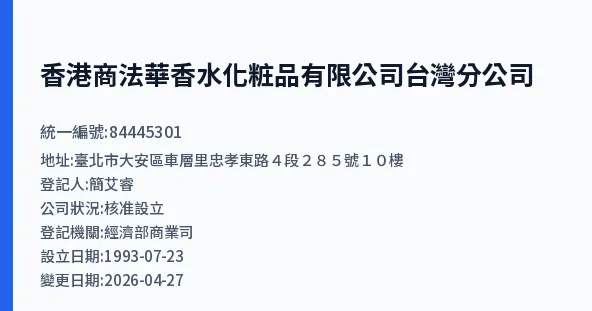 香港商法華香水化粧品有限公司台灣分公司的照片-統編 84445301(臺北市) 公司登記資料與營業項目詳細圖表