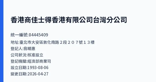 香港商佳士得香港有限公司台灣分公司的照片-統編 84445409(臺北市) 公司登記資料與營業項目詳細圖表