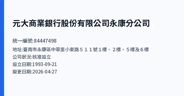 元大商業銀行股份有限公司永康分公司的照片-統編 84447498(臺南市) 公司登記資料與營業項目詳細圖表