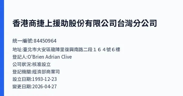 香港商捷上援助股份有限公司台灣分公司的照片-統編 84450964(臺北市) 公司登記資料與營業項目詳細圖表