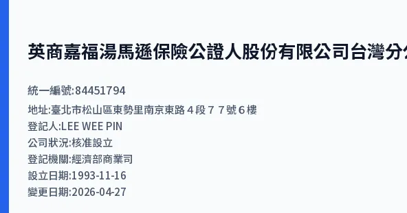 英商嘉福湯馬遜保險公證人股份有限公司台灣分公司的照片-統編 84451794(臺北市) 公司登記資料與營業項目詳細圖表