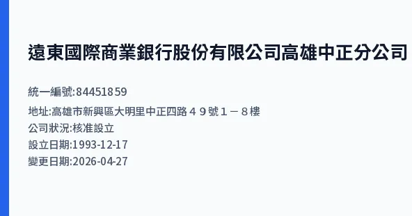 遠東國際商業銀行股份有限公司高雄中正分公司的照片-統編 84451859(高雄市) 公司登記資料與營業項目詳細圖表