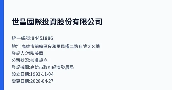 世昌國際投資股份有限公司的照片-統編 84451886(高雄市) 公司登記資料與營業項目詳細圖表