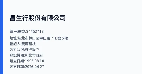 昌生行股份有限公司的照片-統編 84452718(新北市) 公司登記資料與營業項目詳細圖表