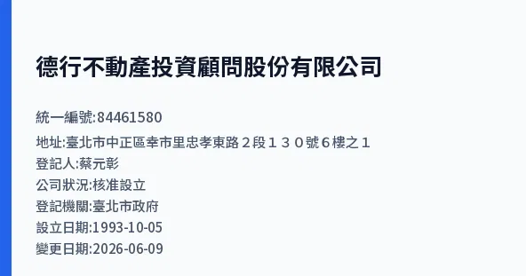 德行不動產投資顧問股份有限公司的照片-統編 84461580(臺北市) 公司登記資料與營業項目詳細圖表