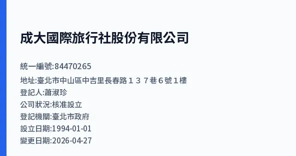 成大國際旅行社股份有限公司的照片-統編 84470265(臺北市) 公司登記資料與營業項目詳細圖表