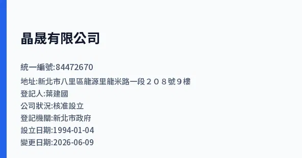 晶晟有限公司的照片-統編 84472670(新北市) 公司登記資料與營業項目詳細圖表