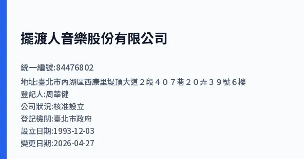 擺渡人音樂股份有限公司的照片-統編 84476802(臺北市) 公司登記資料與營業項目詳細圖表
