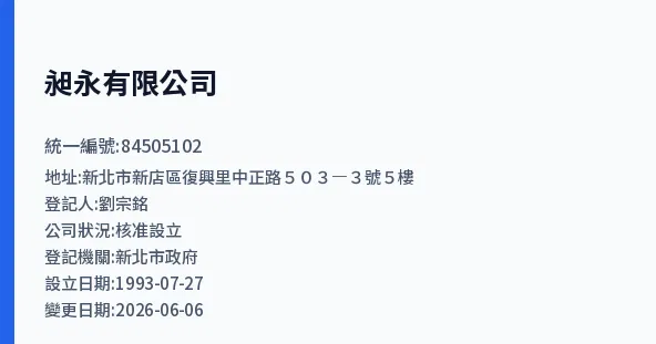 昶永有限公司的照片-統編 84505102(新北市) 公司登記資料與營業項目詳細圖表