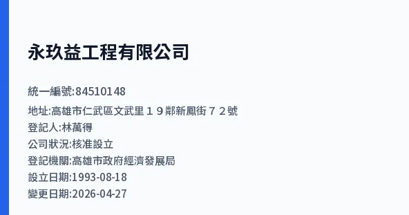 永玖益工程有限公司的照片-統編 84510148(高雄市) 公司登記資料與營業項目詳細圖表
