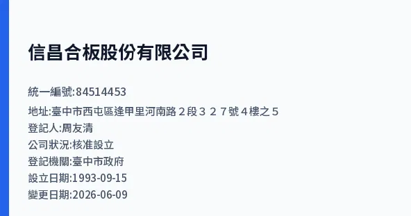 信昌合板股份有限公司的照片-統編 84514453(臺中市) 公司登記資料與營業項目詳細圖表