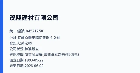 茂隆建材有限公司的照片-統編 84521258(宜蘭縣) 公司登記資料與營業項目詳細圖表