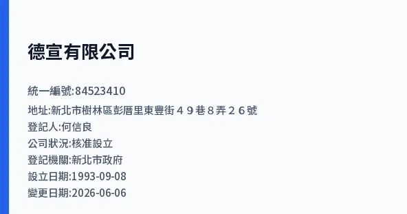 德宣有限公司的照片-統編 84523410(新北市) 公司登記資料與營業項目詳細圖表