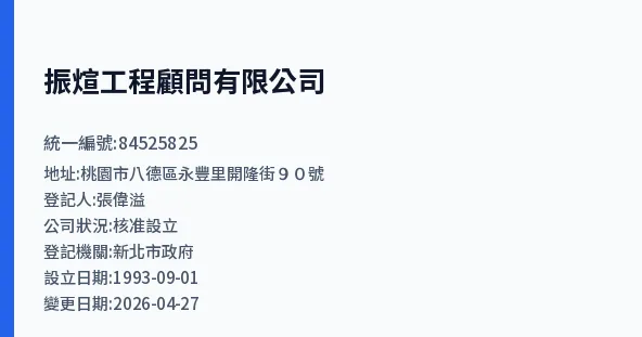 振煊工程顧問有限公司的照片-統編 84525825(桃園市) 公司登記資料與營業項目詳細圖表